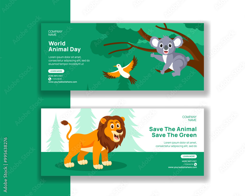 World Animal Day Horizontal Banner Flat Cartoon Hand Drawn Templates ...