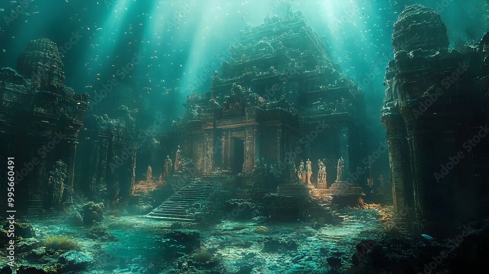 Ethereal Underwater Ruins of an Ancient Sunken City Illuminated by ...