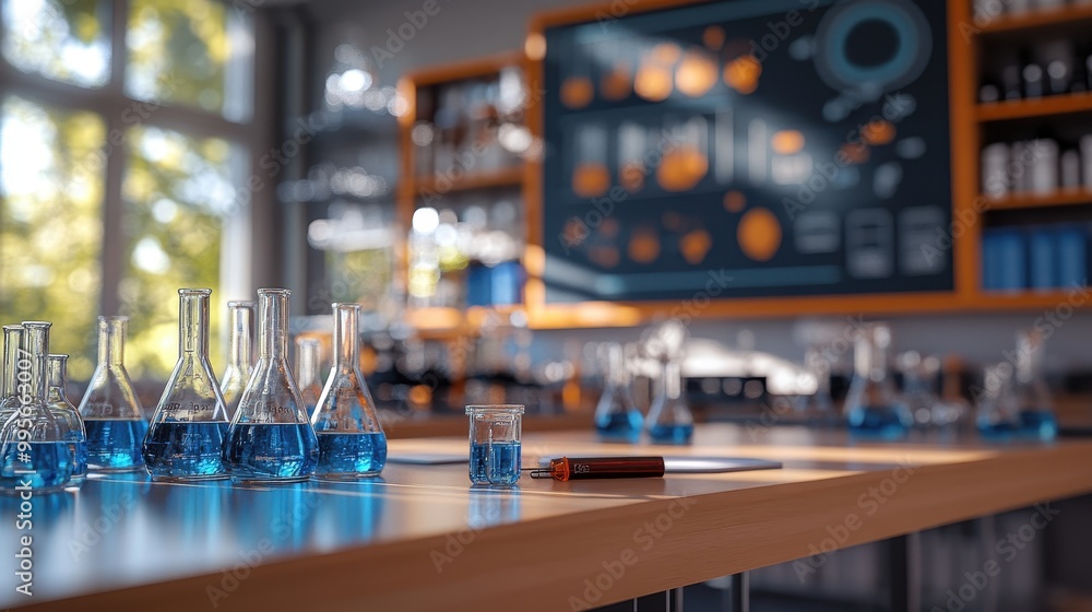 Bright laboratory filled with various glassware, blue liquid, and an ...