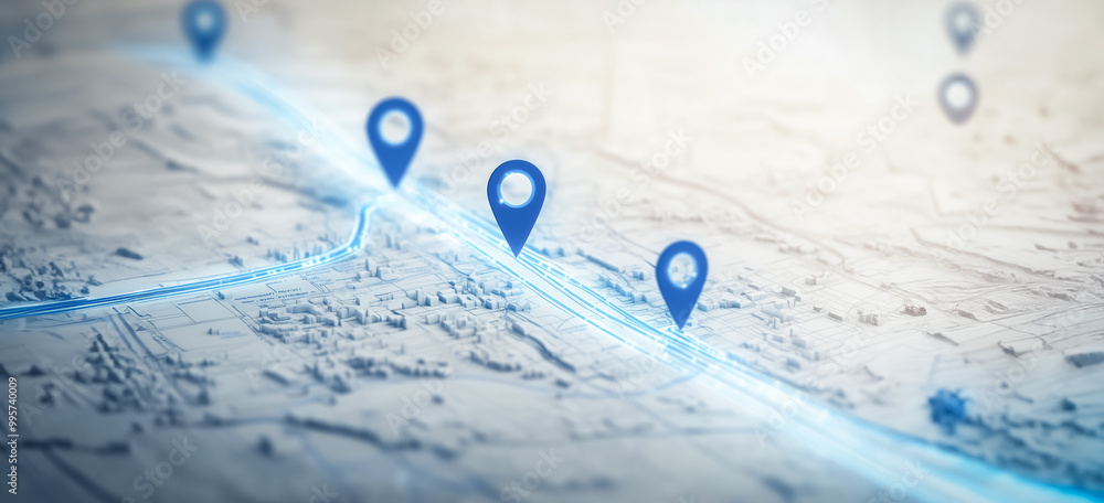 A digital map interface with highlighted routes and location pins ...