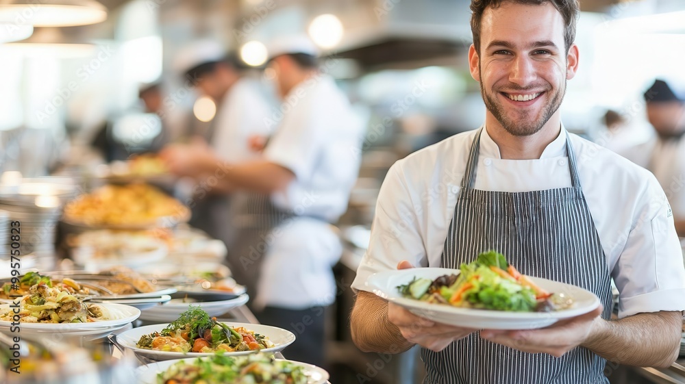 Waiter smiling as they serve food at a bustling restaurant, enjoying ...