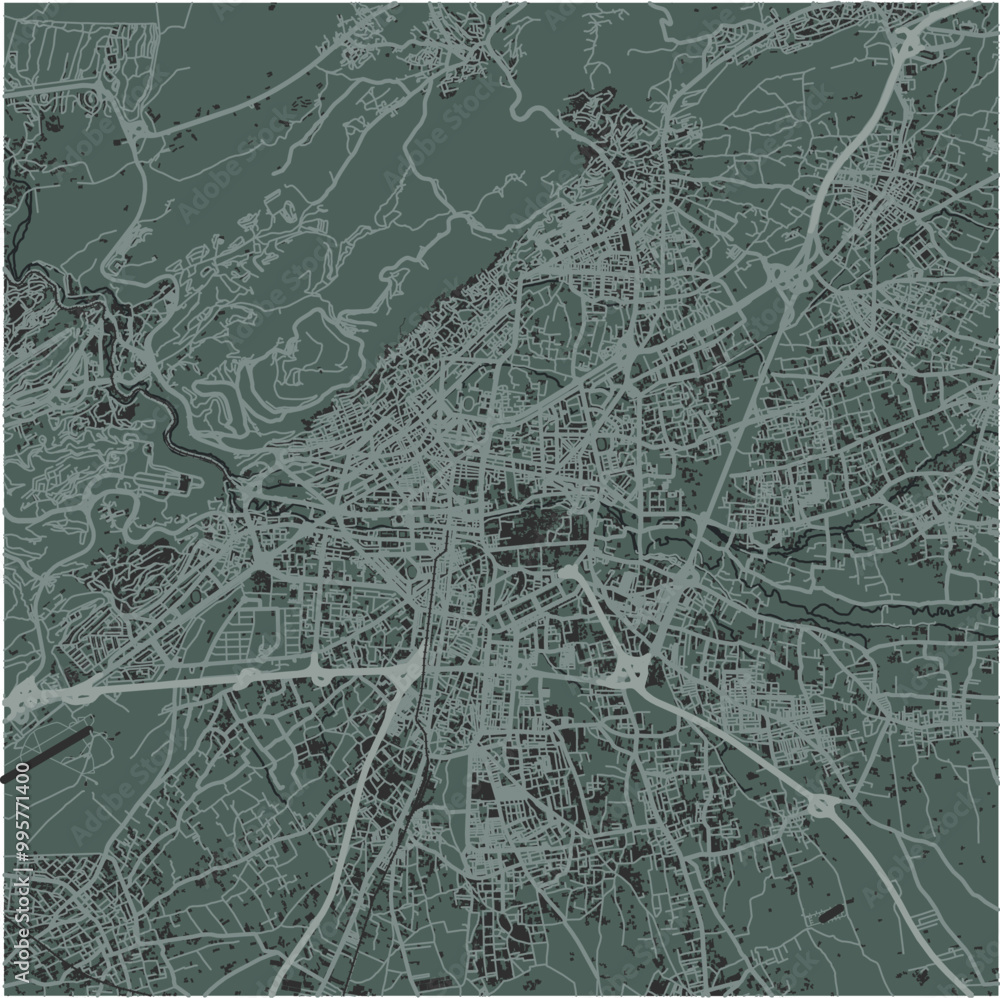 Map of Damascus in Syria in a smooth dark style. Contains layered vector with roads water, parks ...