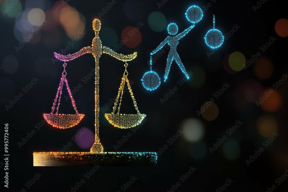 A stylized image of a scale balanced by male and female symbols ...