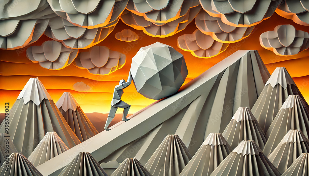 Origami Sisyphus Pushing Boulder Uphill at Sunset – Paper Art Depicting ...