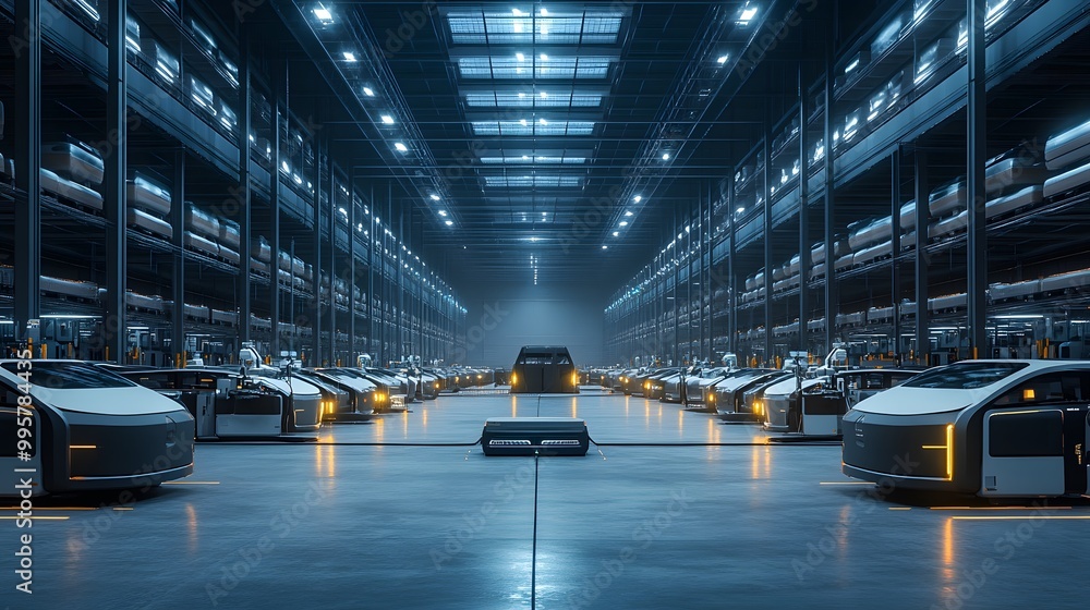 A large, open logistics center with rows of electric vehicles neatly ...