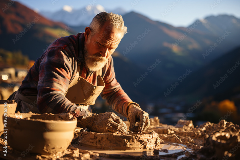 Generative AI realistic photo in pottery workshop artist shop owner ...