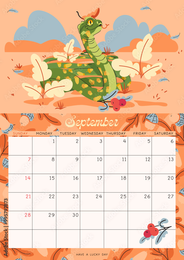 Vertical page calendar for September 2025 with acorn green snake. The ...