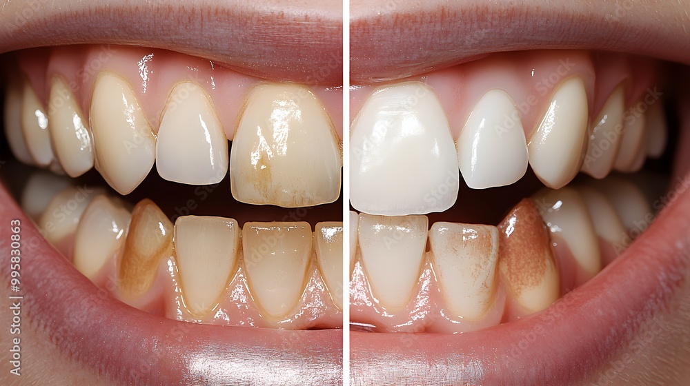 Before-and-after teeth transformation, showing yellowed, uneven teeth ...