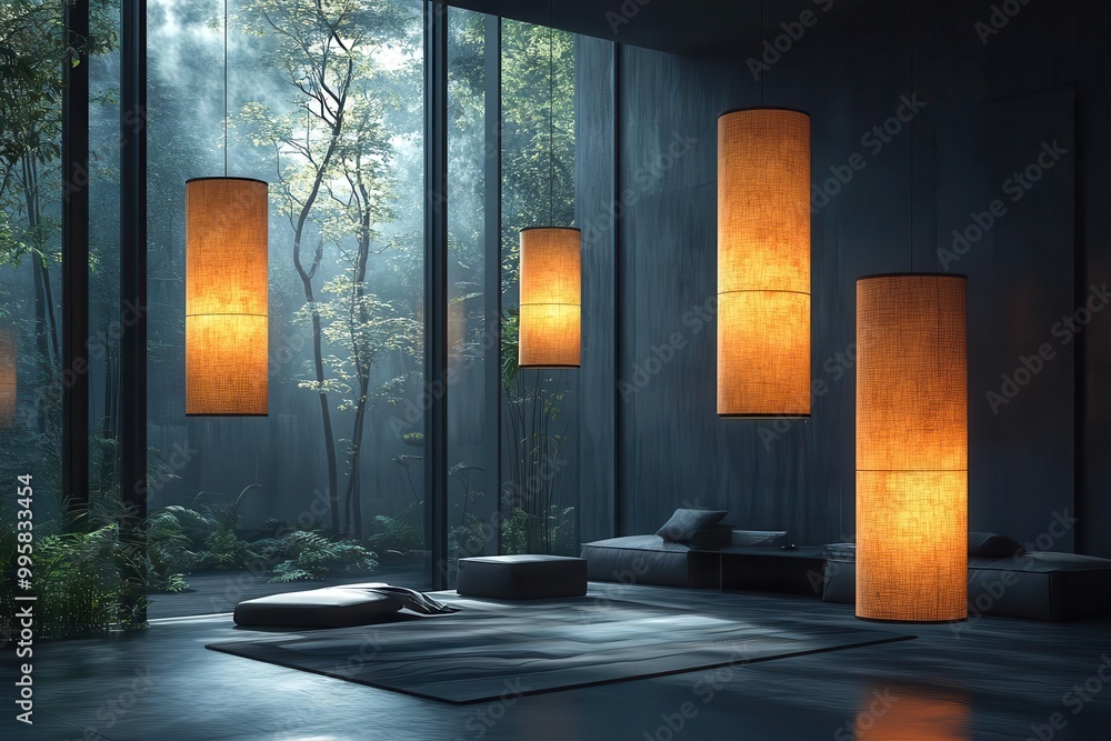 artistic arrangement of hanging and floor lamps in a dark moody space ...