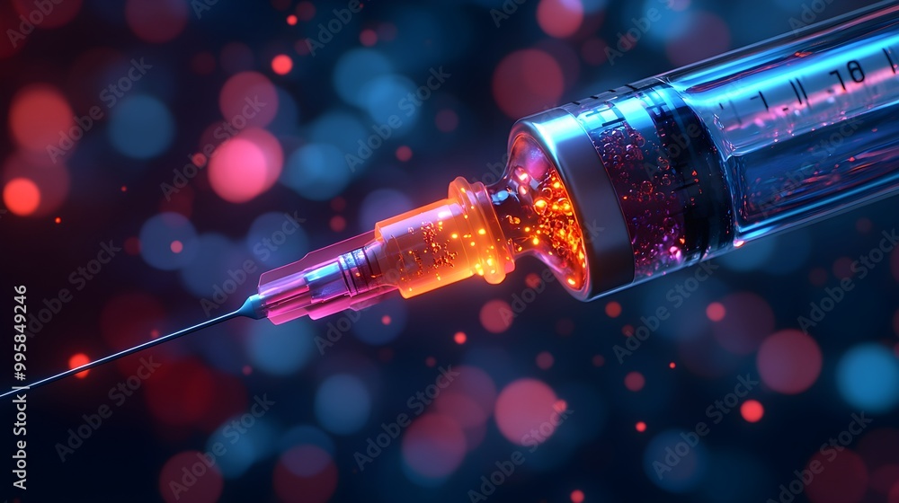 Syringe needle piercing the skin, with a detailed holographic overlay ...