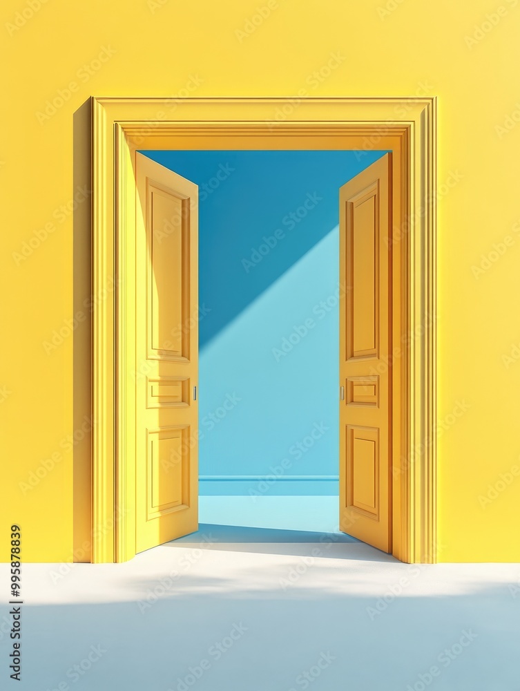 Fantasy 3D illustration featuring double doors opening against a blue ...