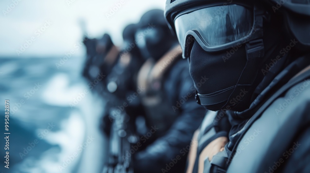 Special forces soldiers wearing tactical gear are navigating the ocean ...