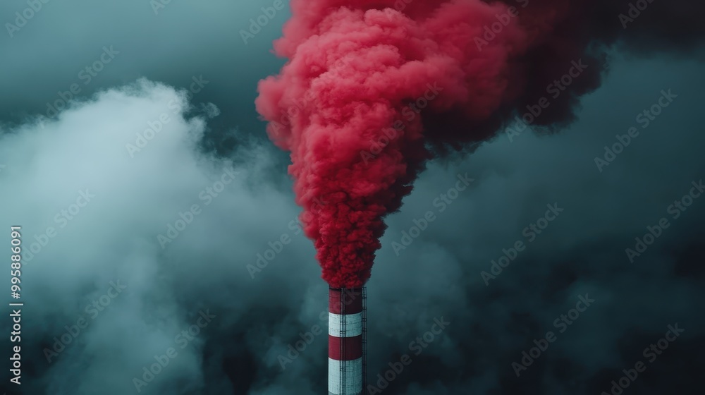 Red smoke billows from a chimney in this vibrant image, set against a ...