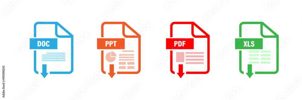 File format extensions. doc, xls, ppt, pdf file format document icons ...