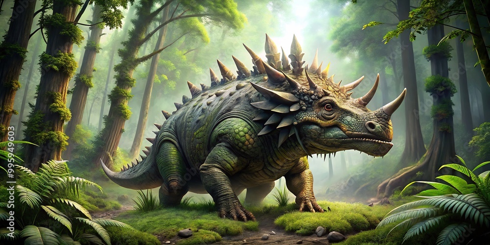 A prehistoric giant traverses the primeval forest, its crest-tipped ...