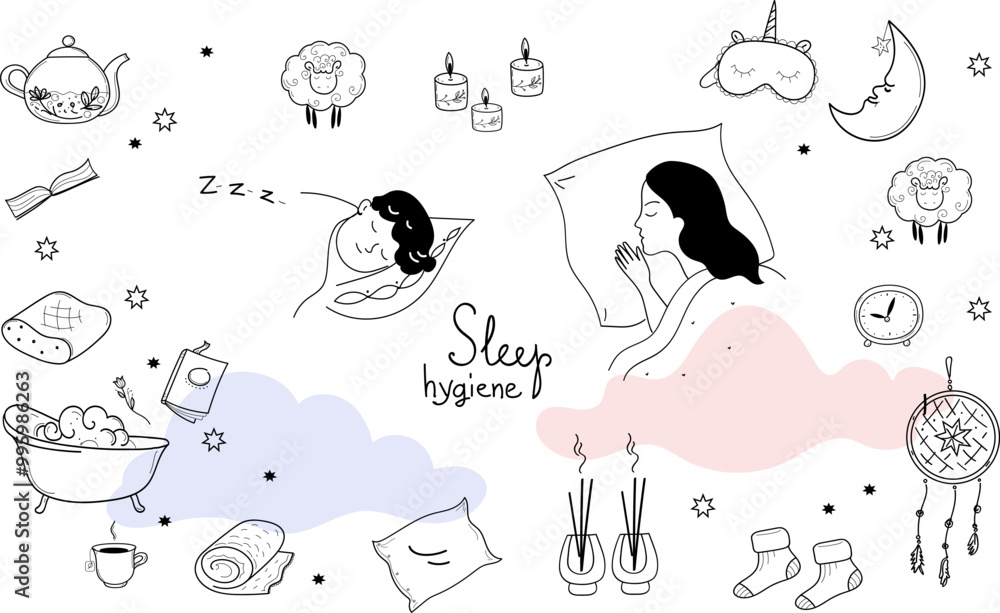 Sleep hygiene infographics. Collection of png icon for health sleeping ...
