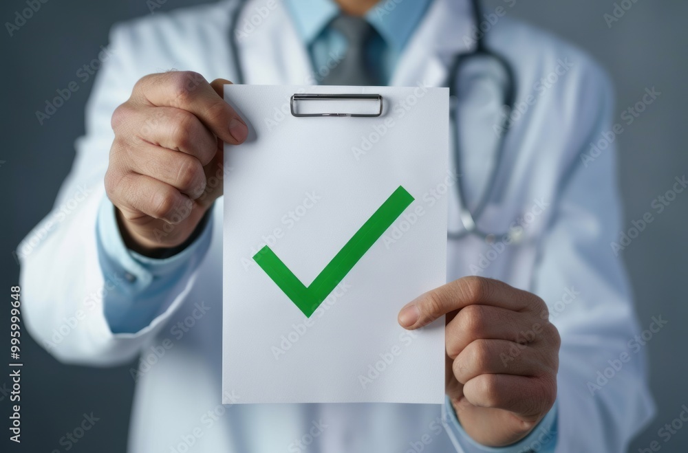 Green check mark on transparent screen with doctor's hand holding a ...