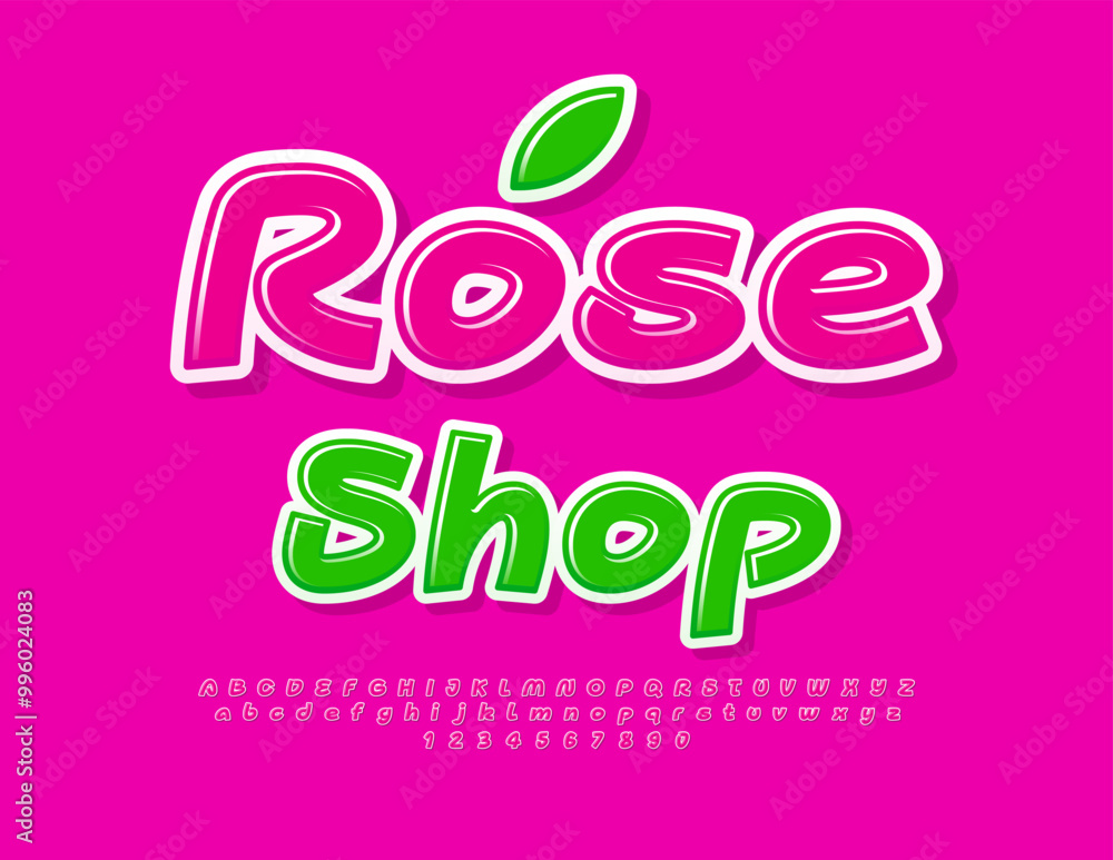 Vector cute flyer Rose Shop. Glossy Pink Font. Modern cool Alphabet ...