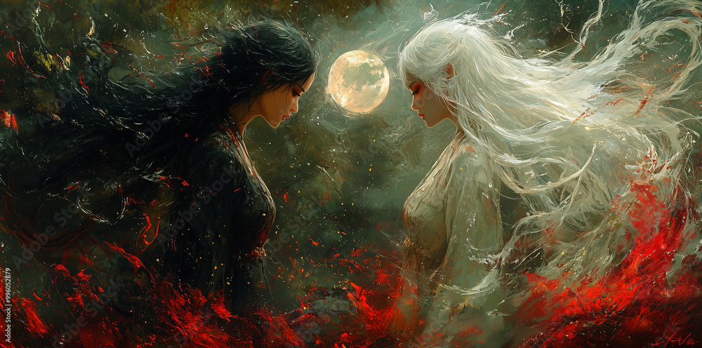 Battle scene between two female demon soldiers, in an anime style ...