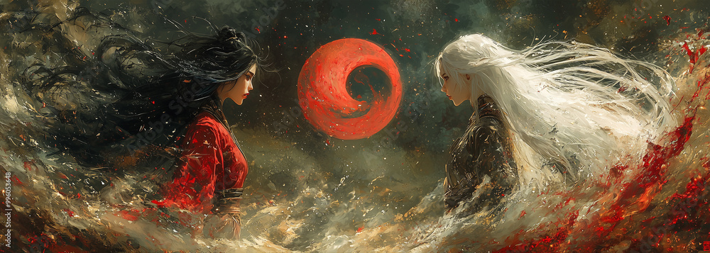 Battle scene between two female demon soldiers, in an anime style ...