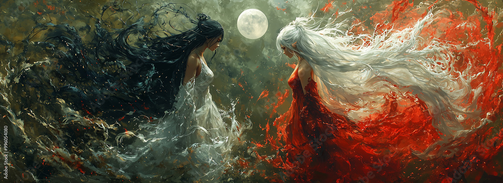 Battle scene between two female demon soldiers, in an anime style ...