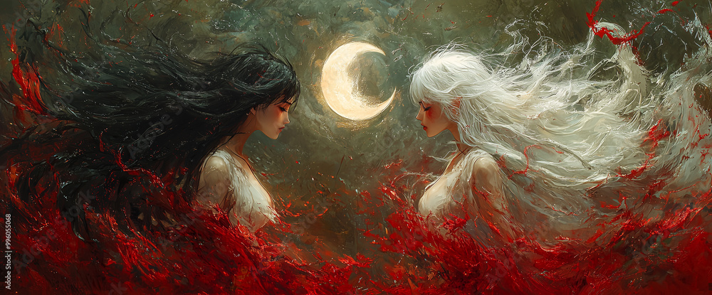 Battle scene between two female demon soldiers, in an anime style ...