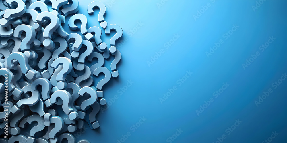 Pile of question marks on a blue toned background with dark background ...