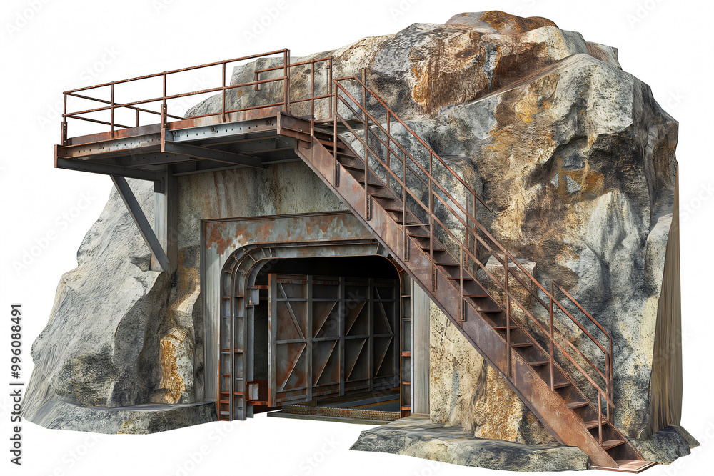 Old mine shaft entrance built into the side of a rock face with rusty ...