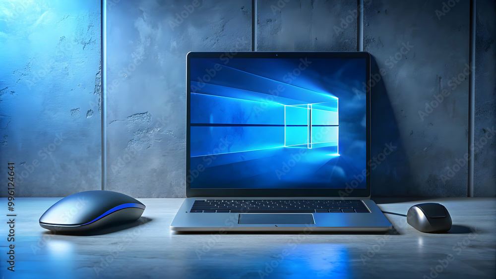 Photo Stock Windows 11 logo on laptop screen with mouse on black wall ...