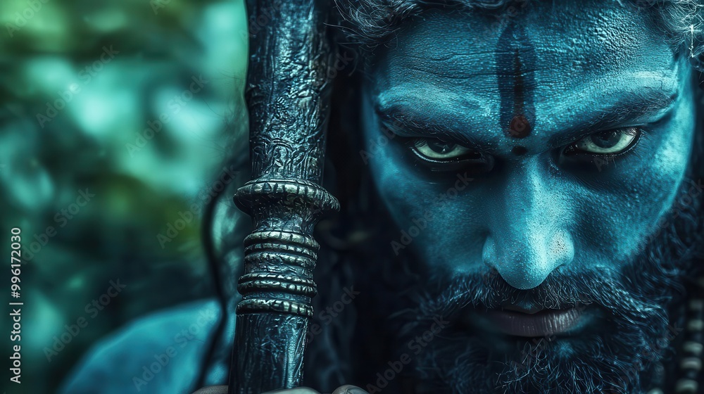 Vishnu as Parashurama, wielding an axe, ready for battle in a lush ...