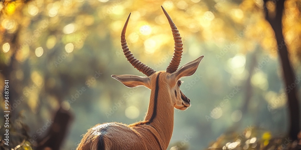 A graceful antelope stands elegantly in a forest. The soft light ...