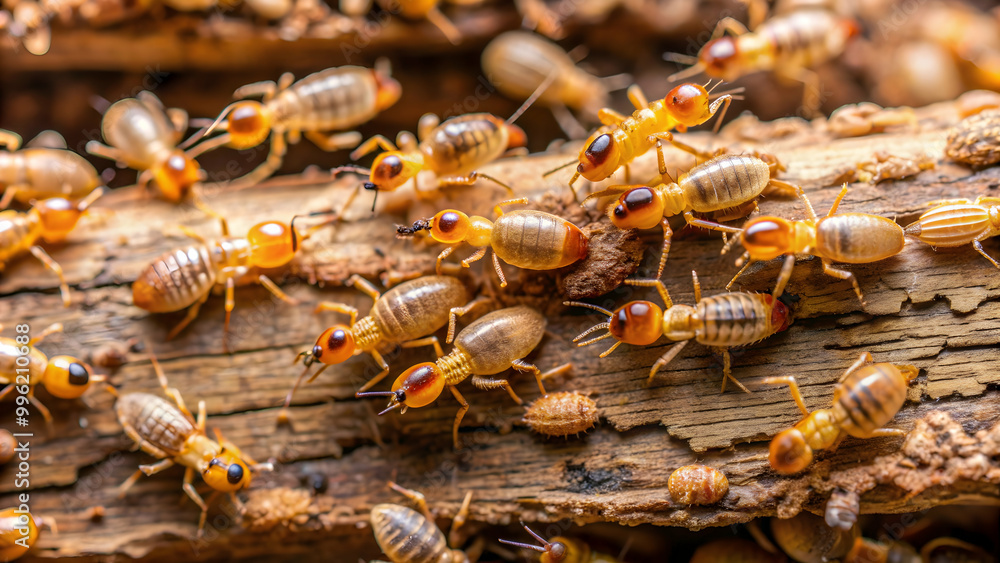 Termite colony working together to destroy a piece of wood, termites ...