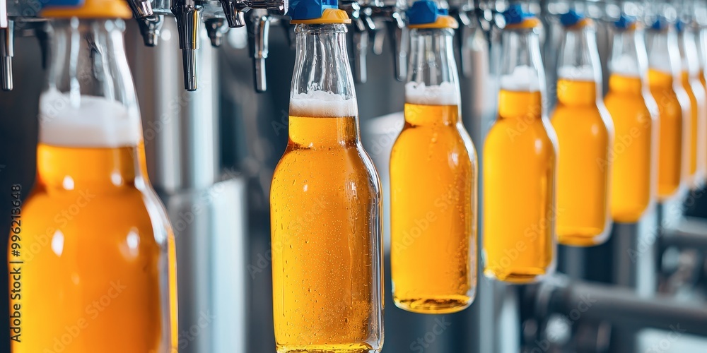 Bottles of golden beer fill the frame, showcasing a brewery production ...