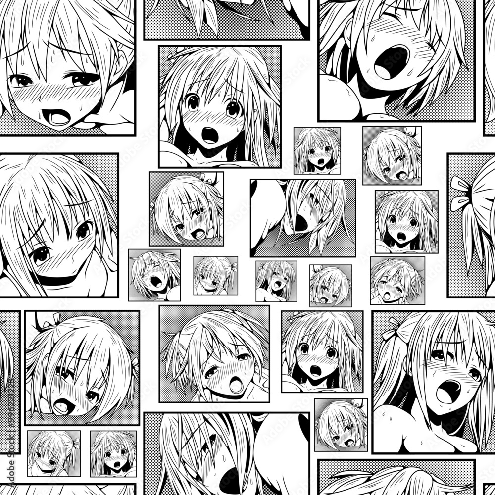 Black vector seamless pattern with ahegao face emotion, illustration manga set. Hand-drawn art ...