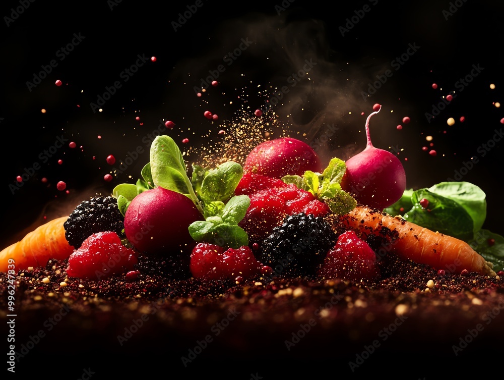A still life of rare and unusual root vegetables, including black ...