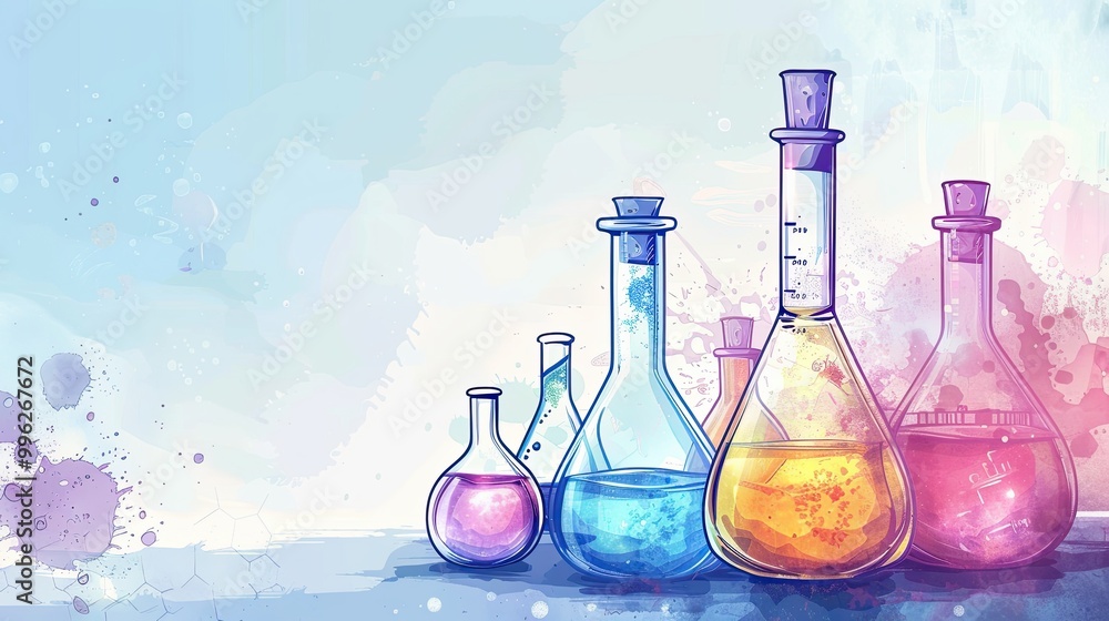 Chemical background with various glass flasks. For scientific ...