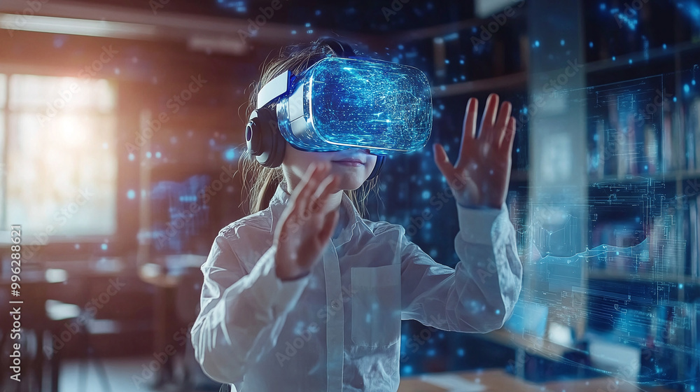 School student with VR headset using AI artificial intelligence ...