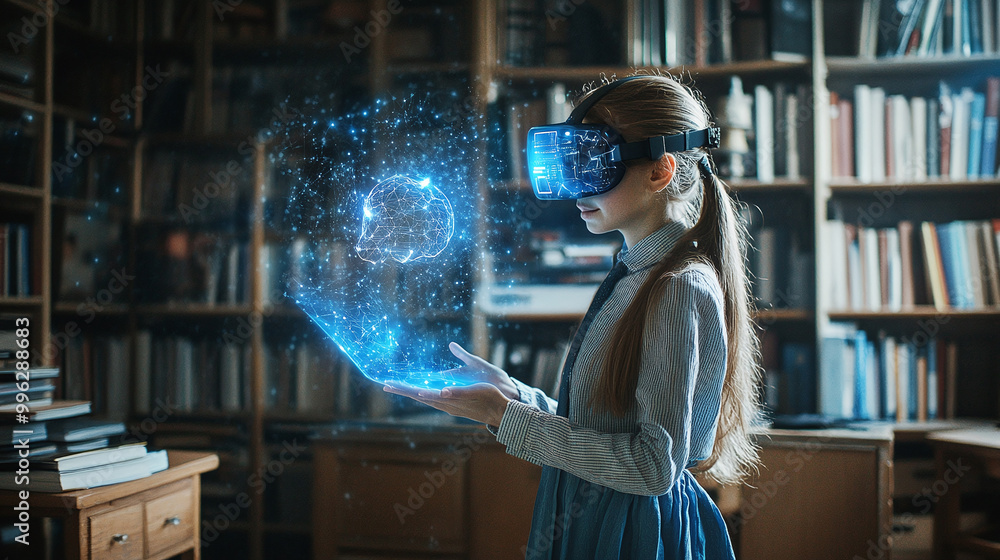 School student with VR headset using AI artificial intelligence ...