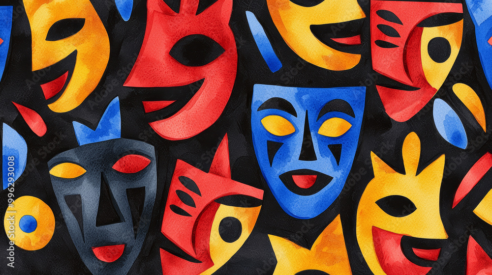Primitive masks and symbolic human figures in a repeating pattern ...