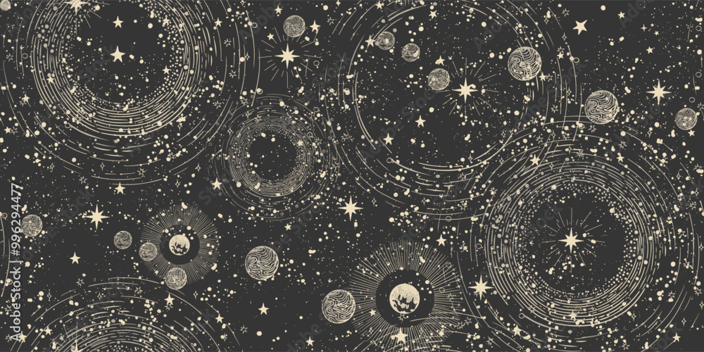 Seamless cosmic boho pattern with stars on black background for tarot ...