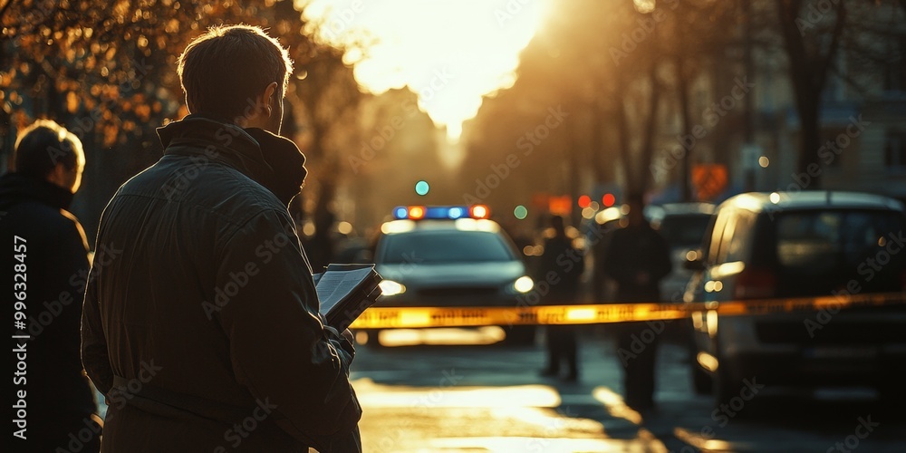Journalist at Crime Scene, reporter amidst police tape and bystanders ...