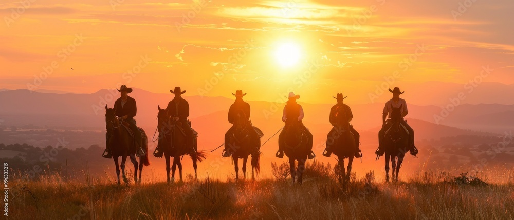 Stock-Foto „Five cowboys on horses, wearing hats, ride against a sunset ...