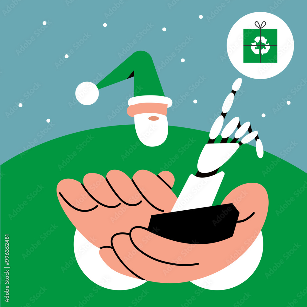 Eco-friendly green Santa Claus ordered gifts made of recycled materials ...