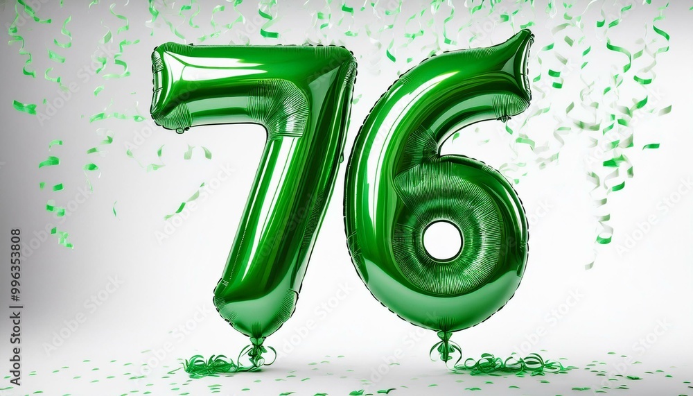 Green birthday / anniversary balloon, number 76, white background with ...