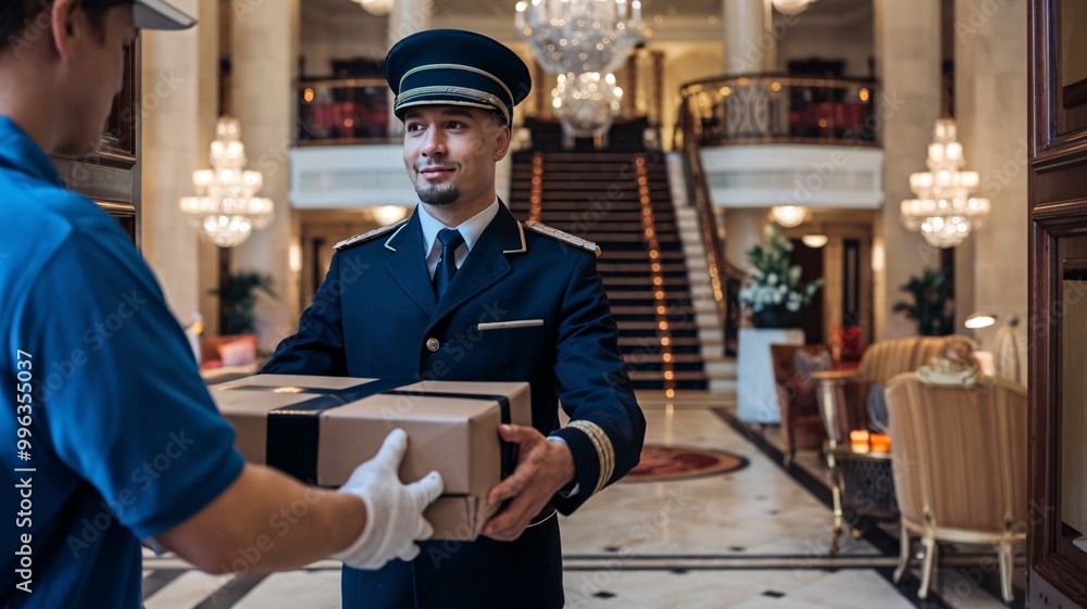 Elegant Hotel Lobby with Staff Exchanging Package. A hotel staff member ...