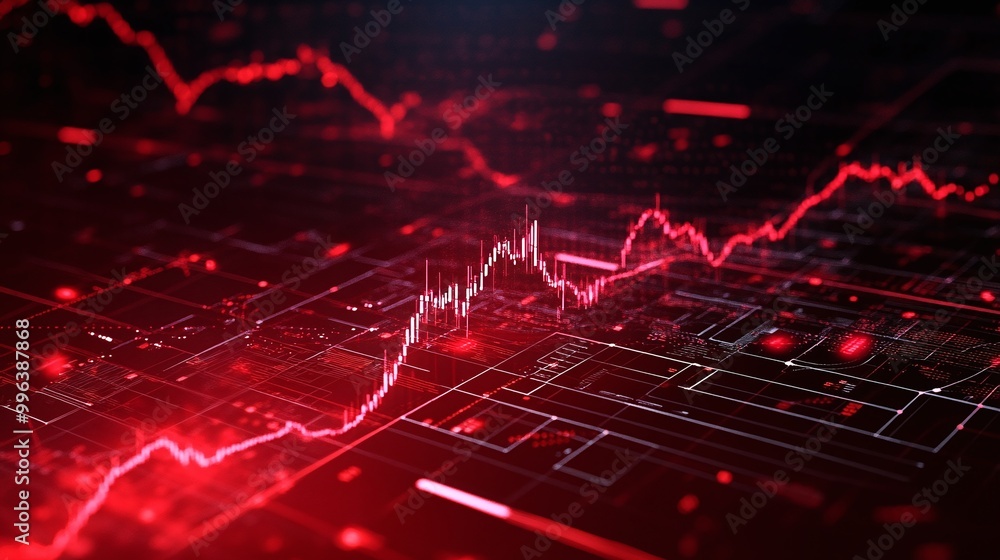 Abstract red data visualization with digital lines and graphs showing ...