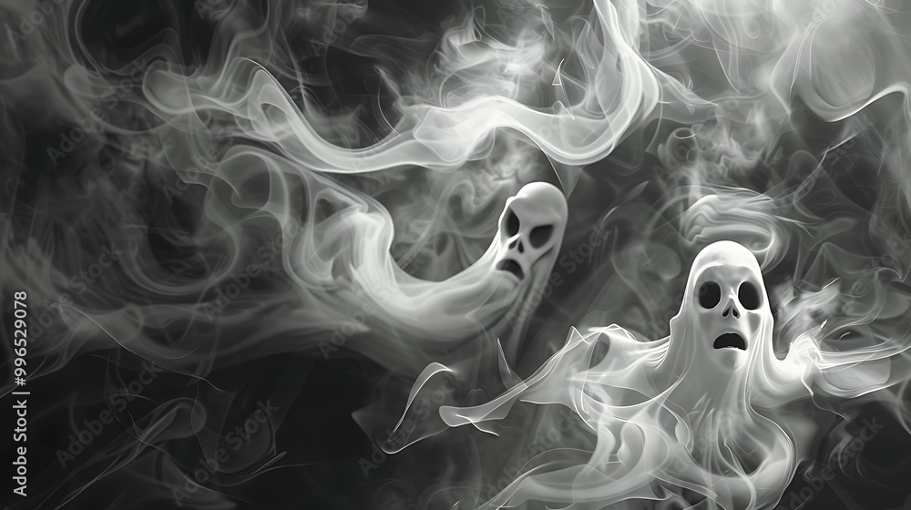 Spooky wallpaper with floating ghostly faces and swirling mist, giving ...