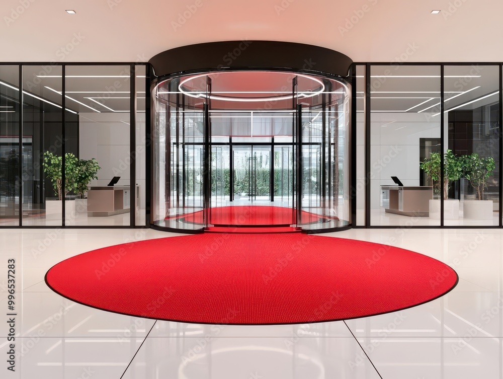 Bank entrance with revolving doors, red carpet, lavish lighting ...
