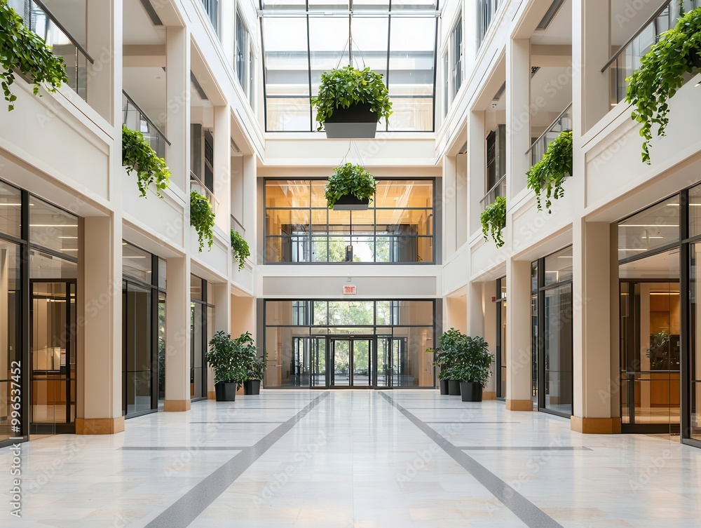 Grand bank atrium with glass ceiling, hanging plants, natural light ...
