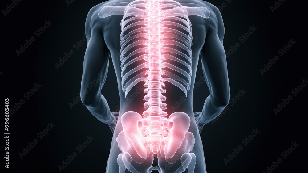 An X-ray illustration of the human spine and pelvis, highlighting the ...